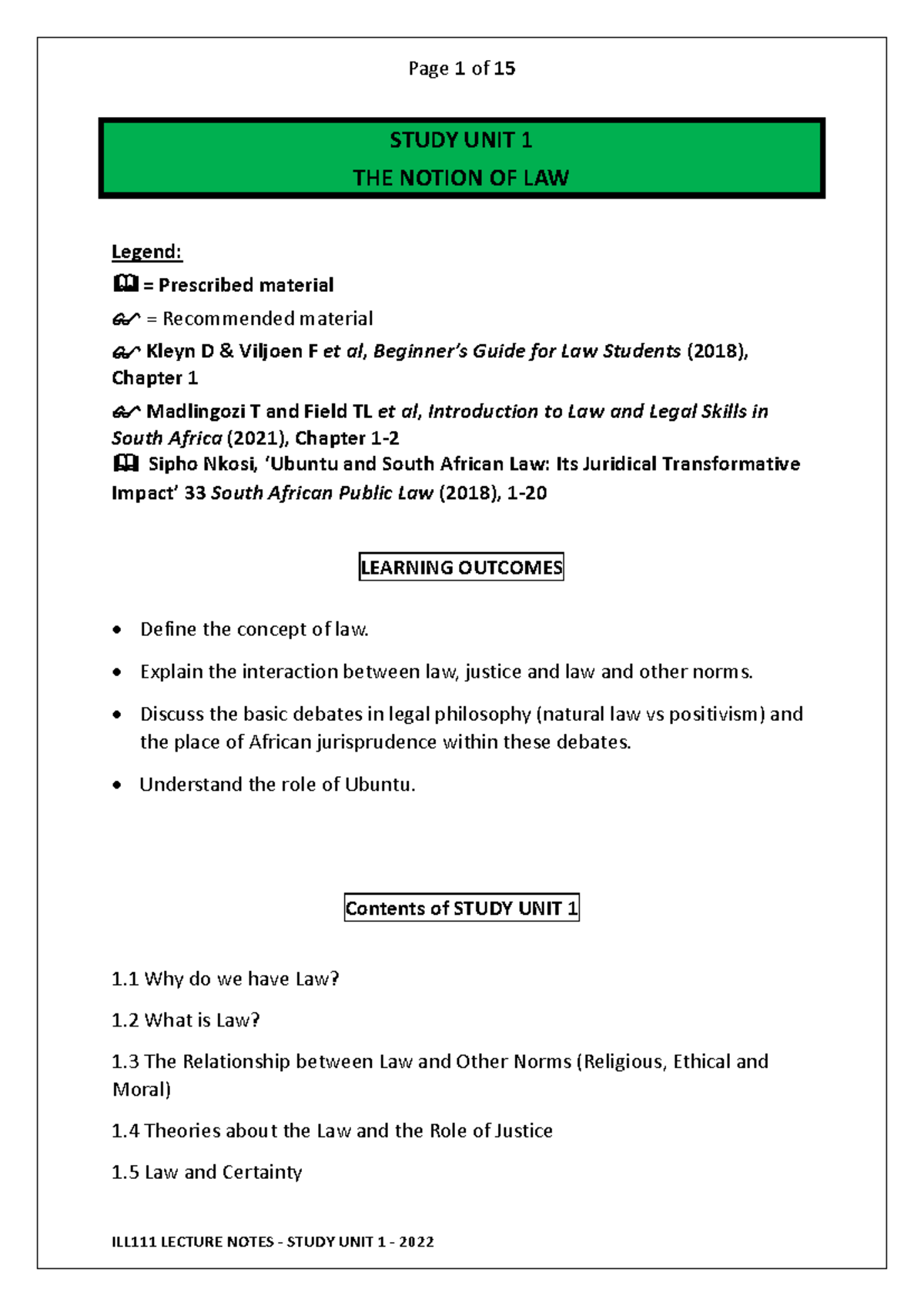 ILL111 Lecture Notes - Study UNIT 1 - 2022 - STUDY UNIT 1 THE NOTION OF ...