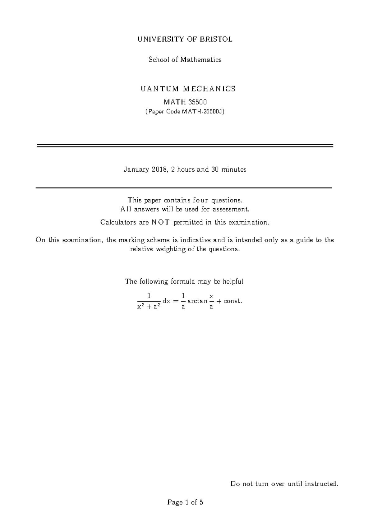 Quantum Mechanics Exam 2018 - UNIVERSITY OF BRISTOL School of ...