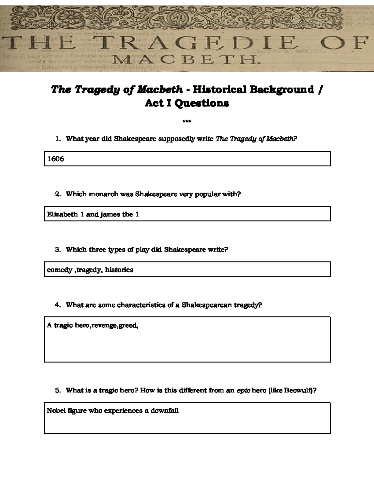 Copy of Student COPY Macbeth - Historical Background Act I Questions ...