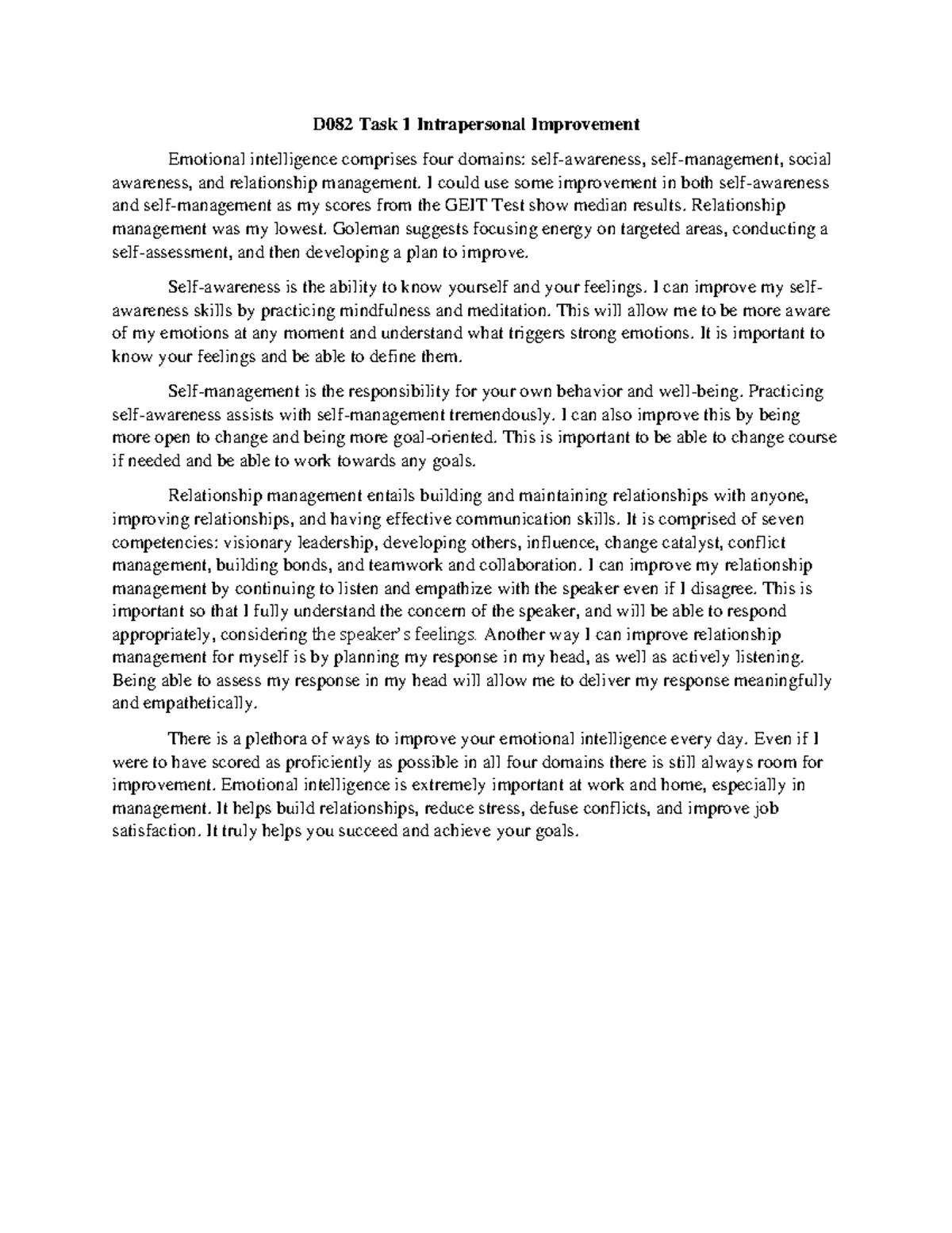D082 Task 1 - Task 1-passed. Emotional Intelligence Self-Awareness Self-management Relationship ...