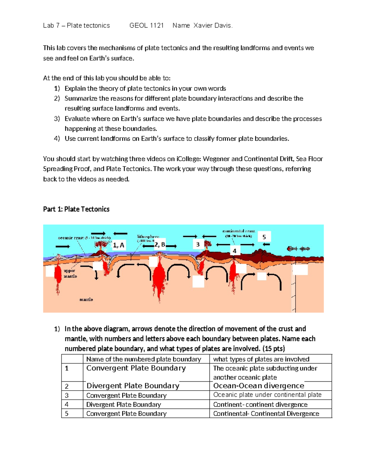 Lab 7 -Plate Tectonics activity final - This lab covers the mechanisms ...