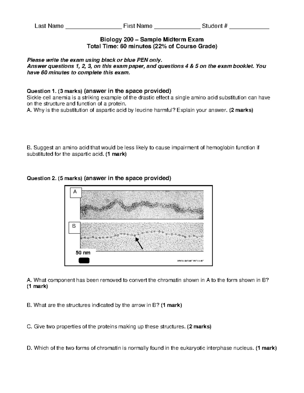 BIOL 200 Midterm Exam 2012 - Last Name First Name Student Biology 200 ...