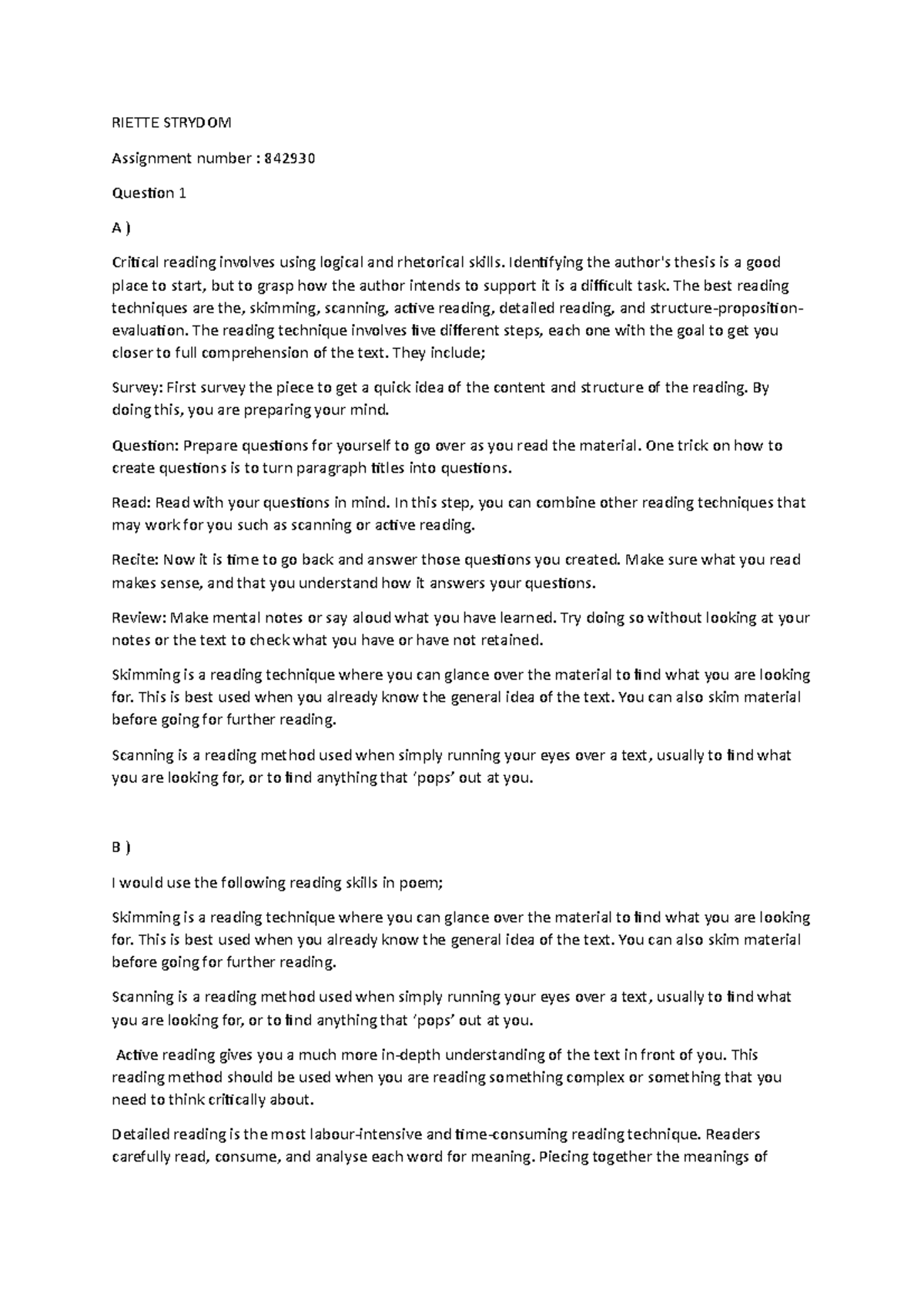 Eng2611 taak 1 - RIETTE STRYDOM Assignment number : 842930 Question 1 A ) Critical reading ...
