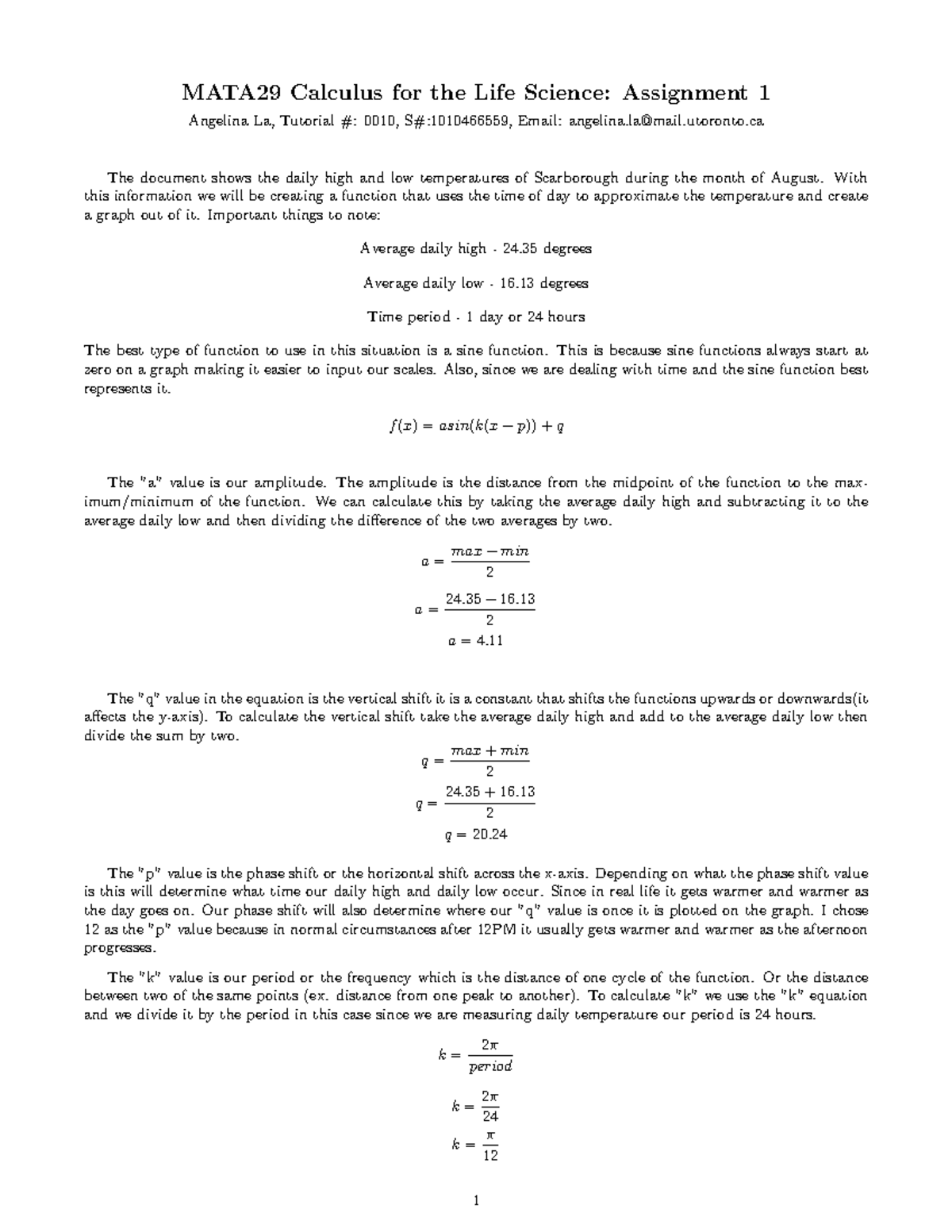 Written Assignment 1 - MATA29 Calculus for the Life Science: Assignment 1 Angelina La, Tutorial ...