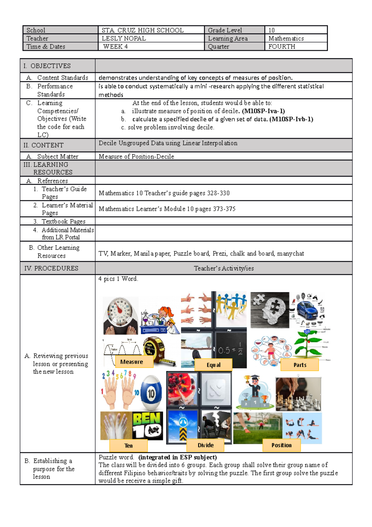 Decile(cot2) - dll in decile - School STA. CRUZ HIGH SCHOOL Grade Level ...