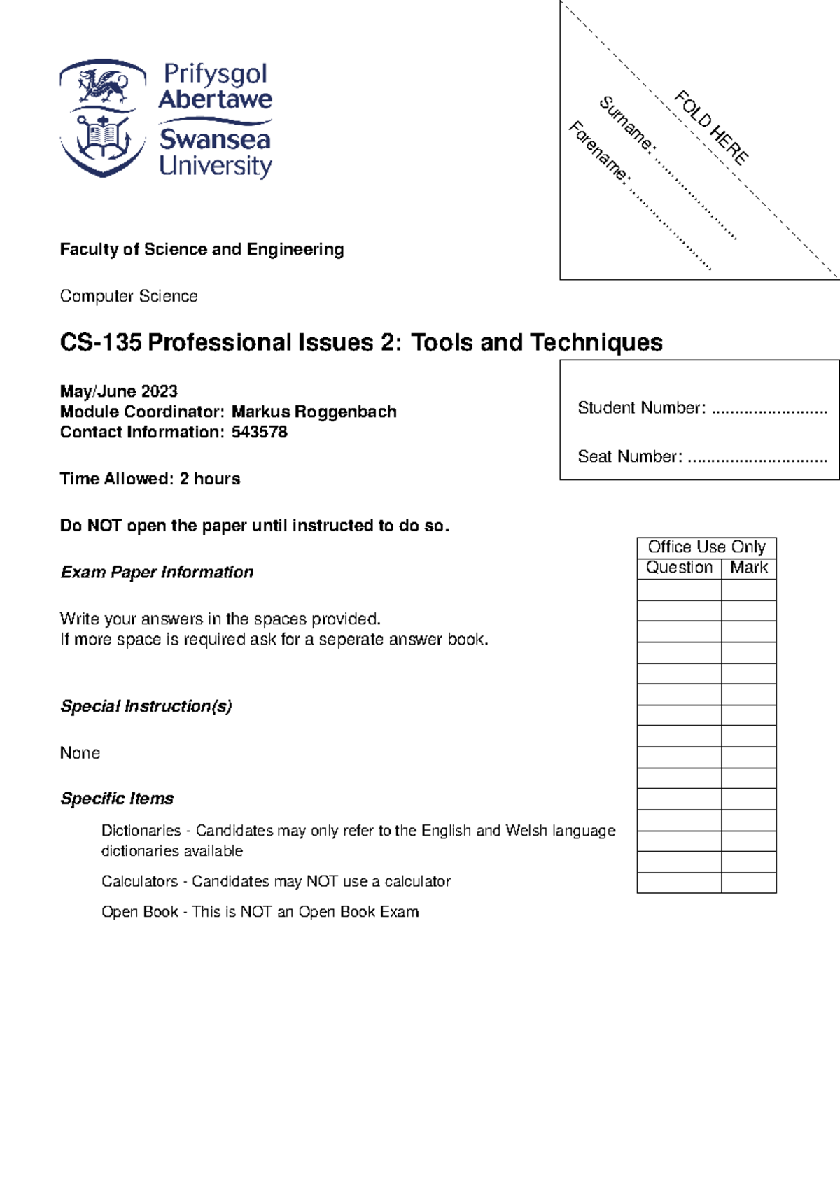 CS-135 23 Exam Paper TB2 22-23 - Surname: ........................ HERE Forename: - Studocu