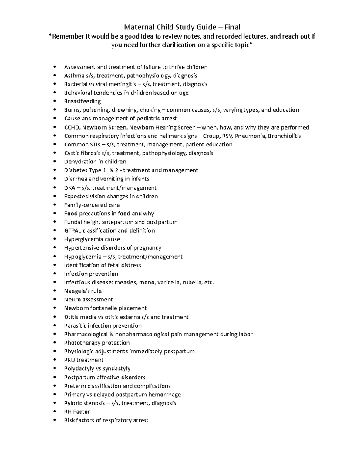 MC Final Study Guide - Maternal Child Study Guide – Final *Remember it ...