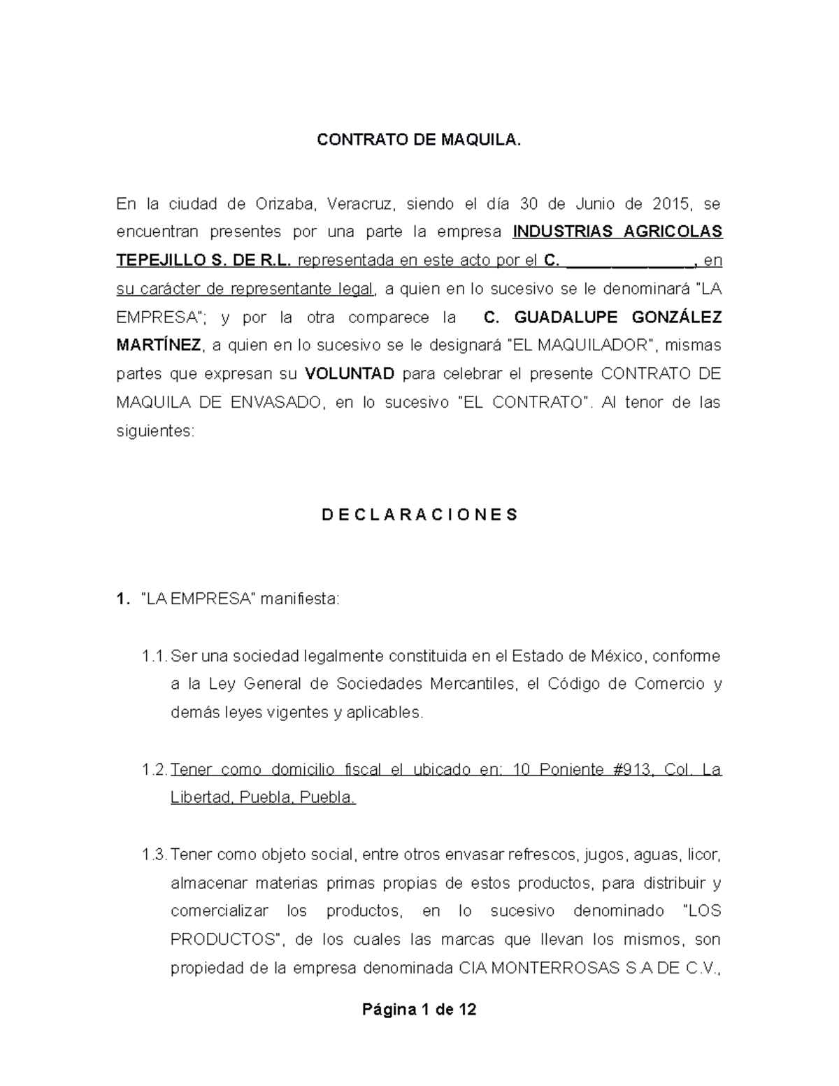 Contrato DE Maquila Tepejillo - CONTRATO DE MAQUILA. En la ciudad de ...
