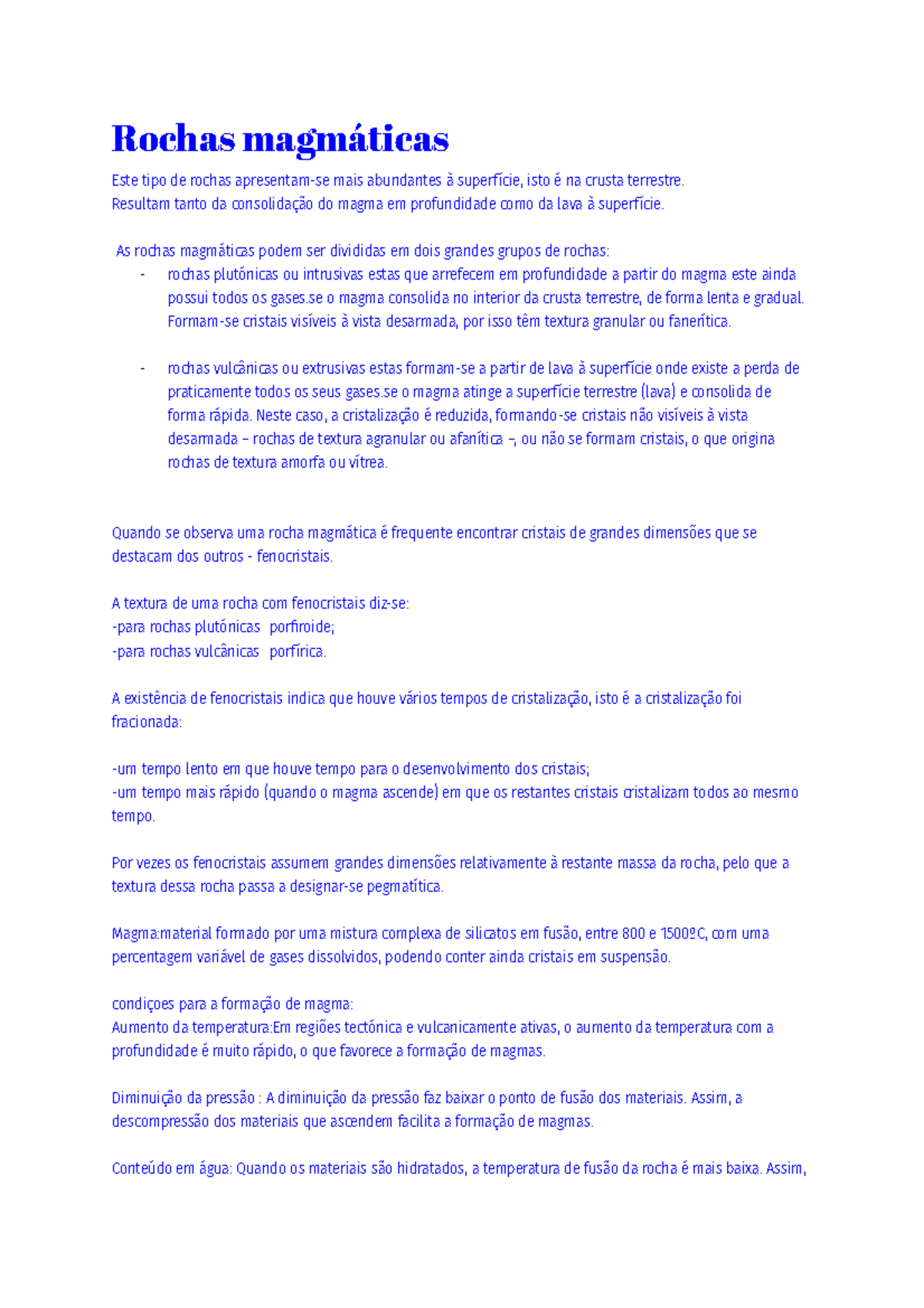 Rochas magmáticas - resumo - Rochas magmáticas Este tipo de rochas ...