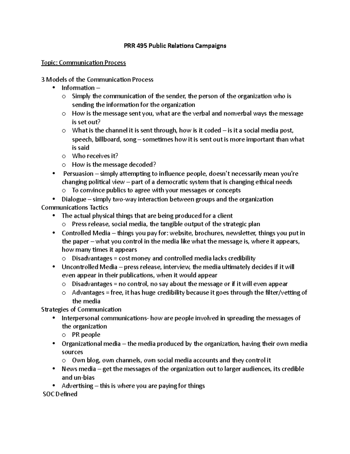 PRR 495 Public Relations Campaigns - Class Notes - Communication ...