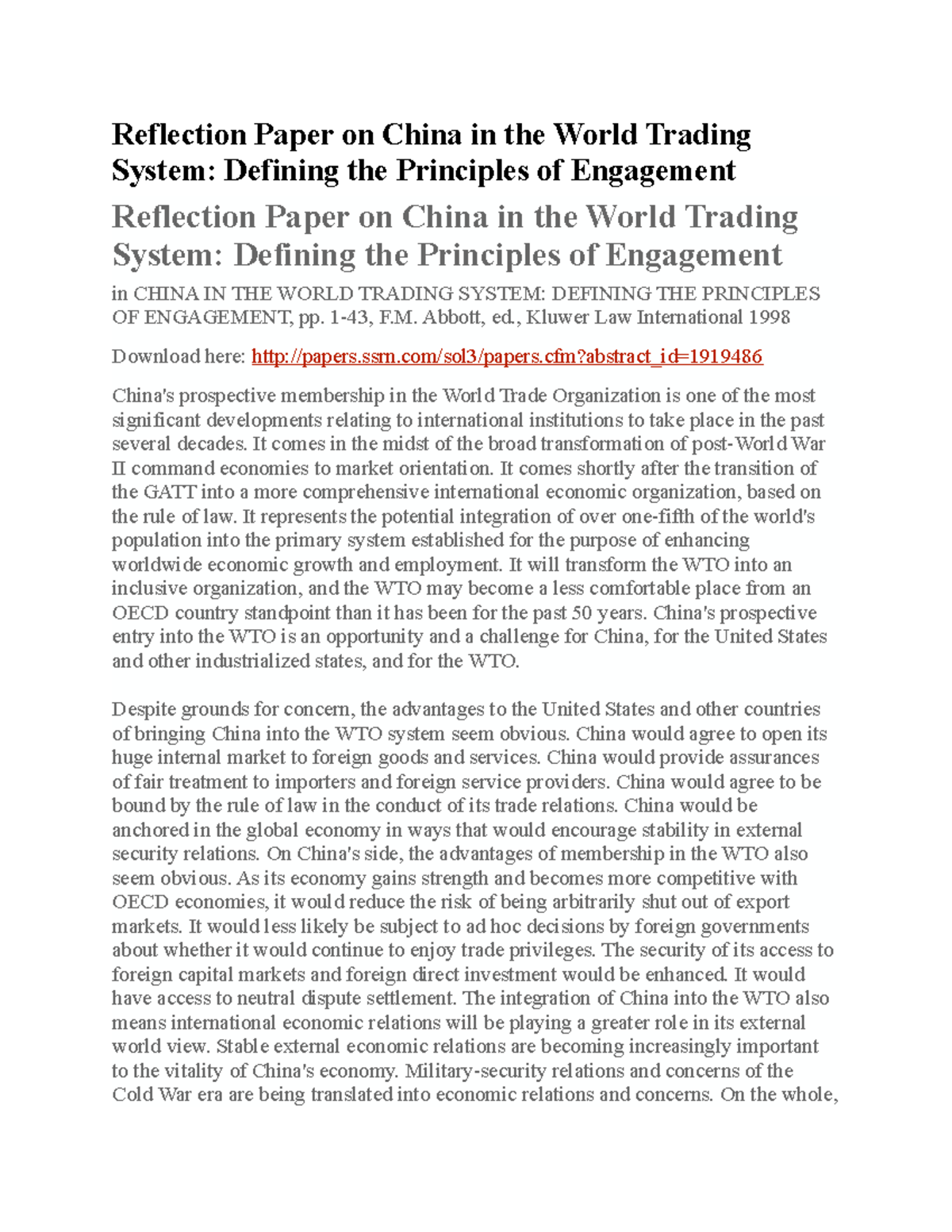 Reflection Paper on China in the World Trading System - Reflection ...