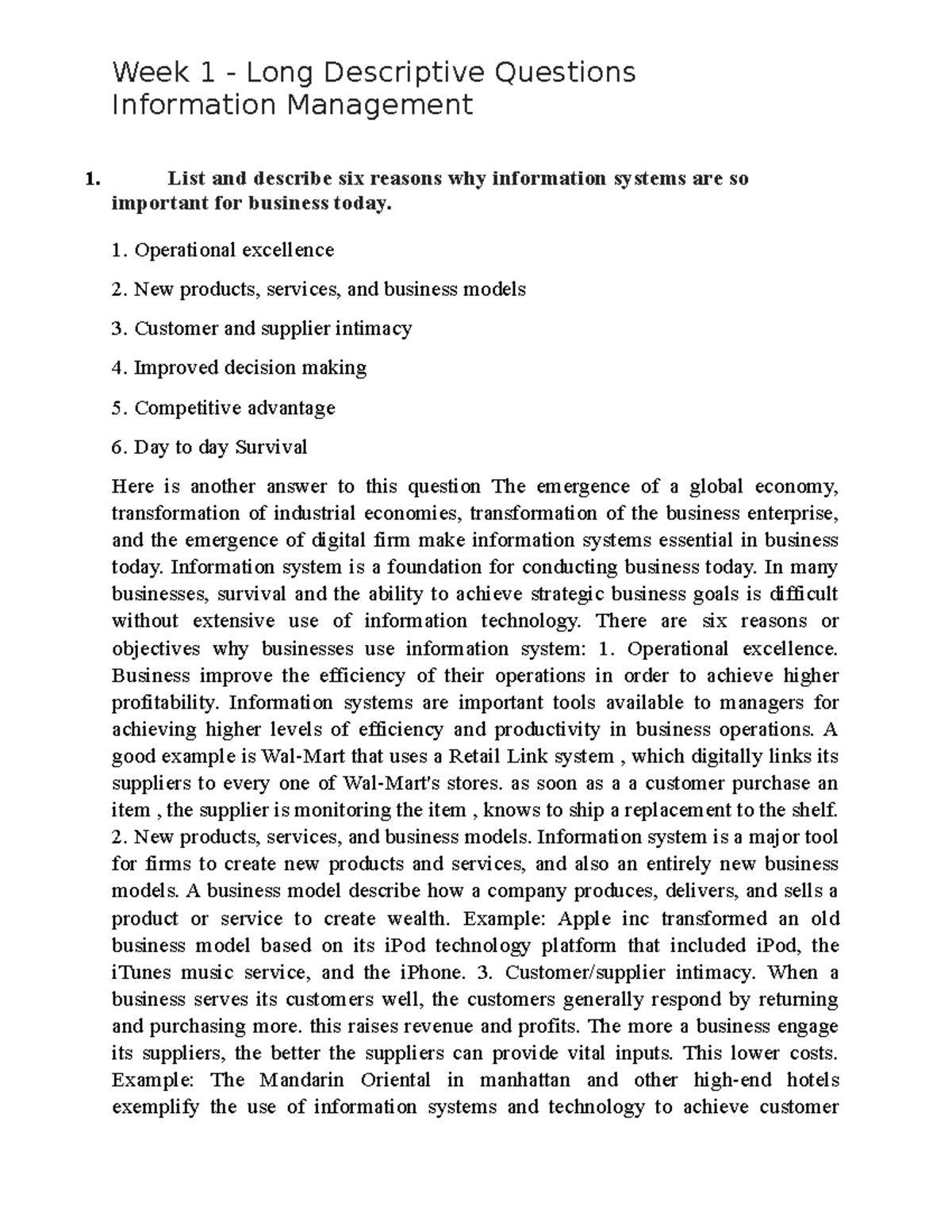 WEEK 1 Assignment - info - Week 1 - Long Descriptive Questions ...