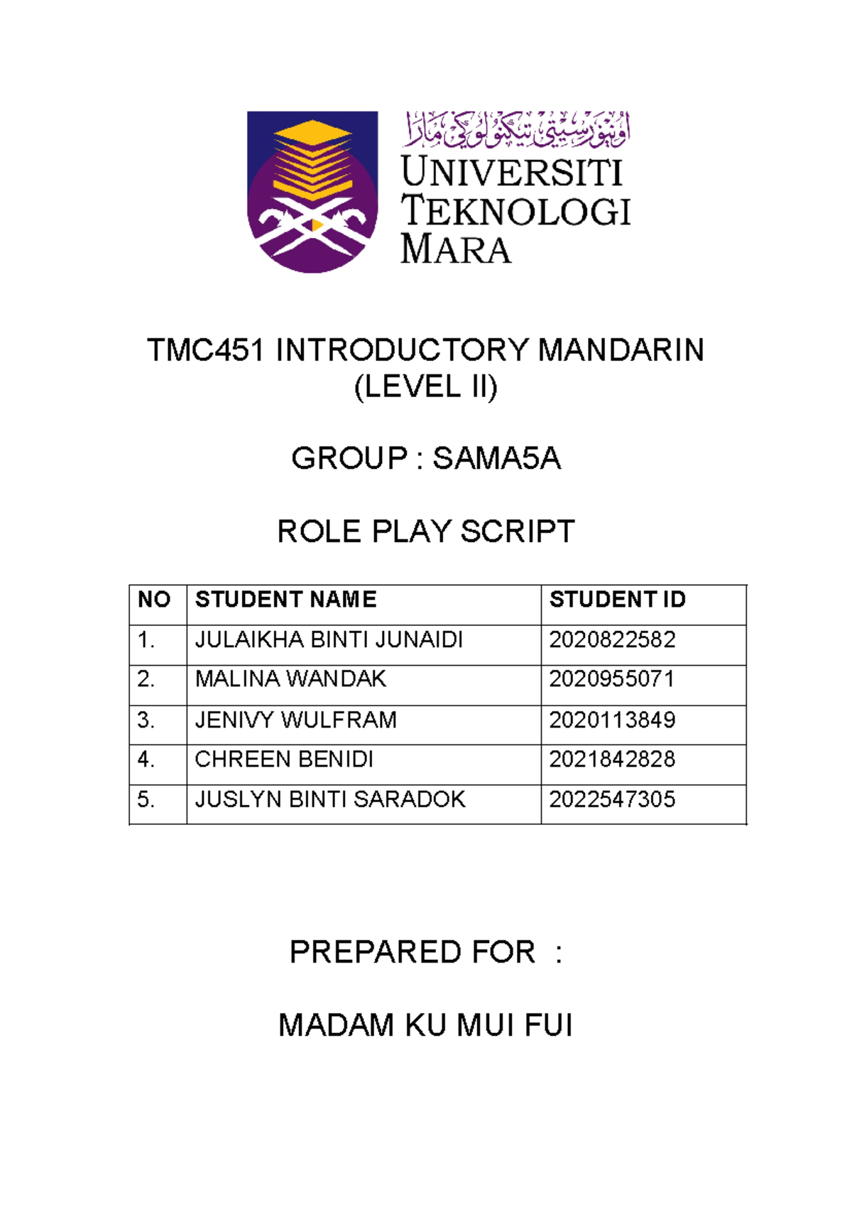 Julaikha TMC451 SAMA5A G4 RP submission - TMC451 INTRODUCTORY MANDARIN (LEVEL II) GROUP : SAMA5A ...