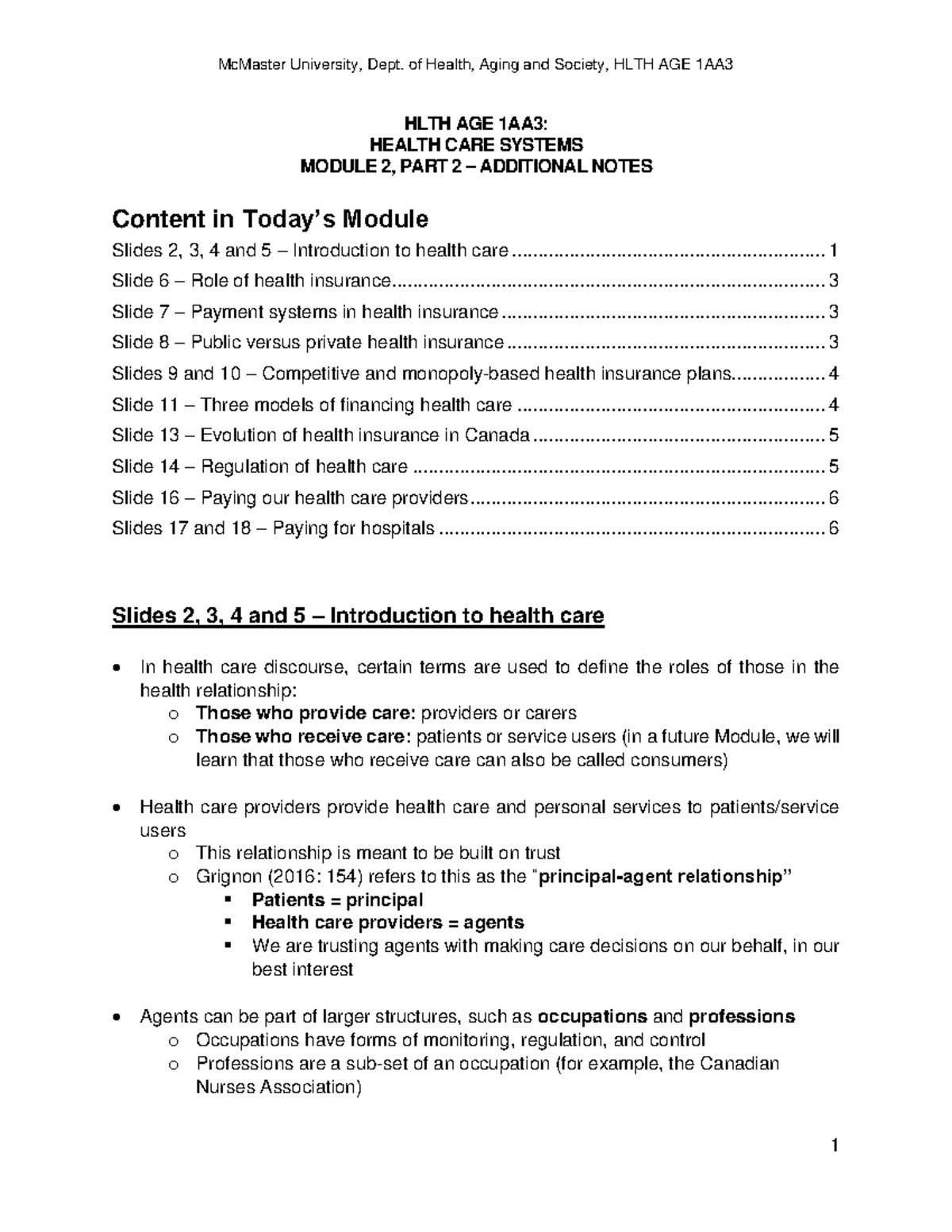 Module 2 - Part 2 - Additional notes - HLTH AGE 1AA3: HEALTH CARE ...