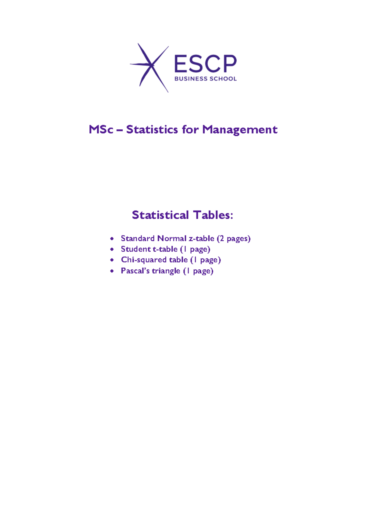 Statistical Tables DEA06 - MSc – Statistics for Management Statistical ...