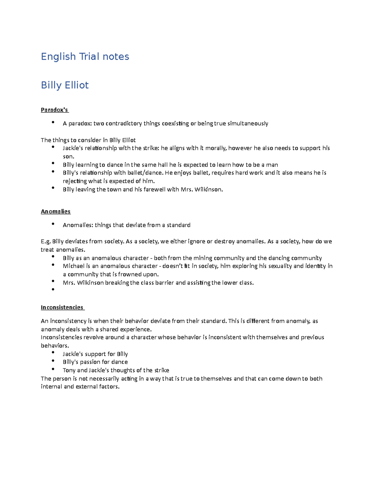 English Trial notes - CIOTD, Billy Elliot, - English Trial notes Billy ...