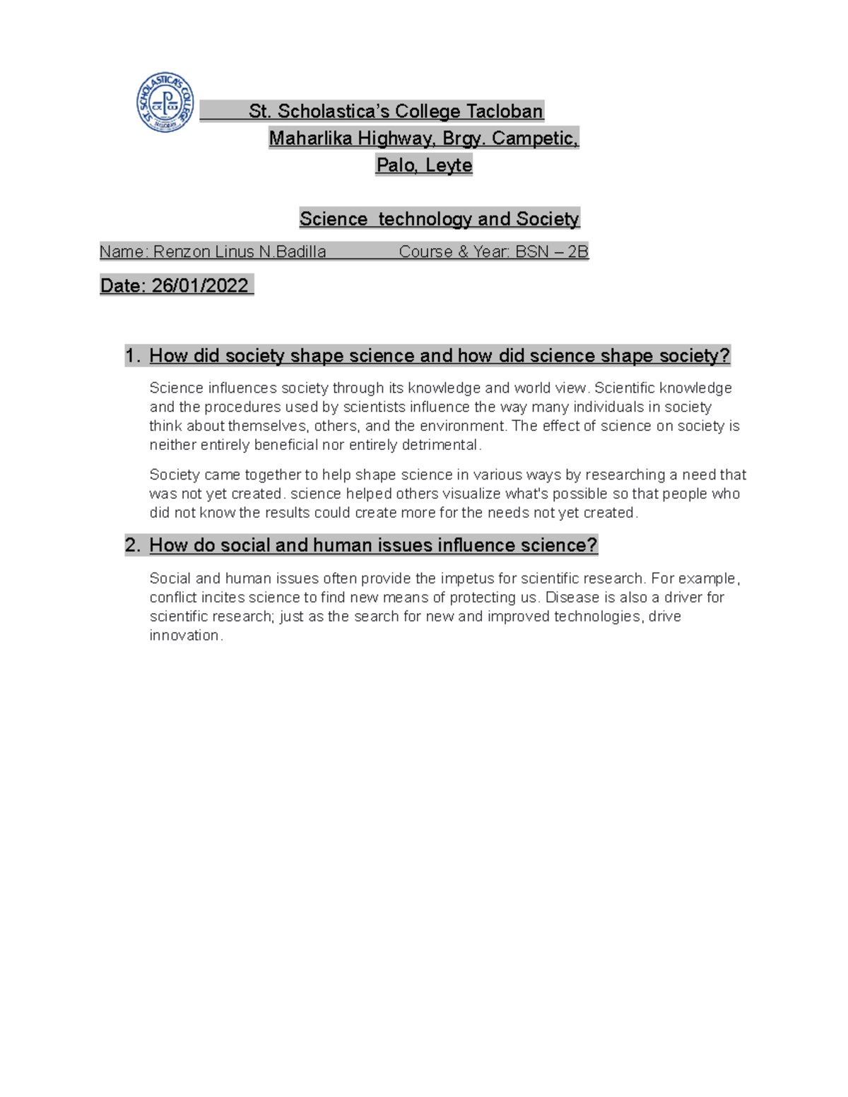 Science technology and Society - St. Scholastica’s College Tacloban ...