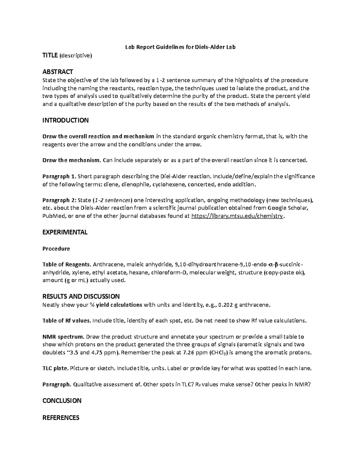 Diels-Alder Lab Report Content Outline - Lab Report Guidelines for ...
