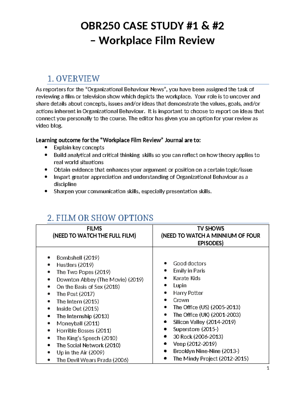 OBR 250 Film Review Assignment - OBR250 CASE STUDY #1 & – Workplace ...