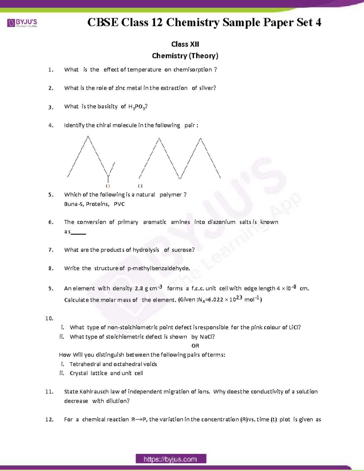 CBSE Sample Paper Class 12 Chemistry Set 4 - Class XII Chemistry ...