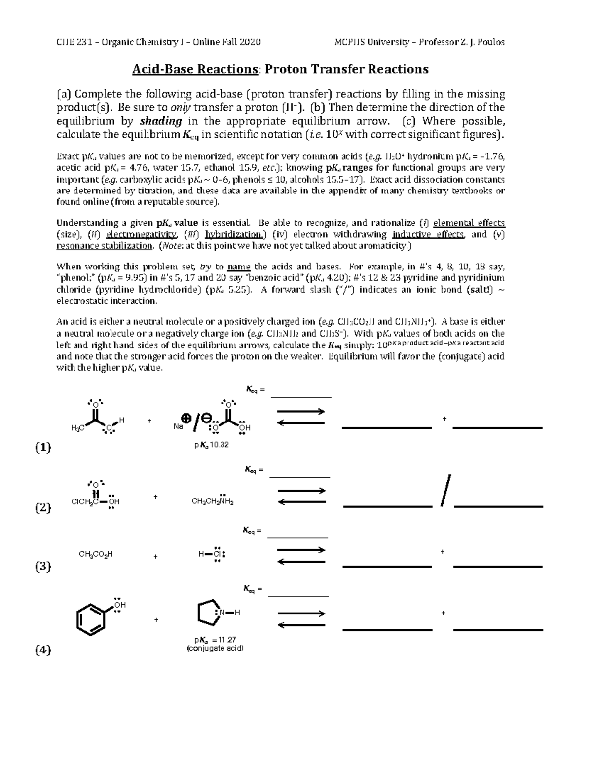 Ch2 Acid Base Reactions Problem set - Acid -Base Reactions : Proton ...