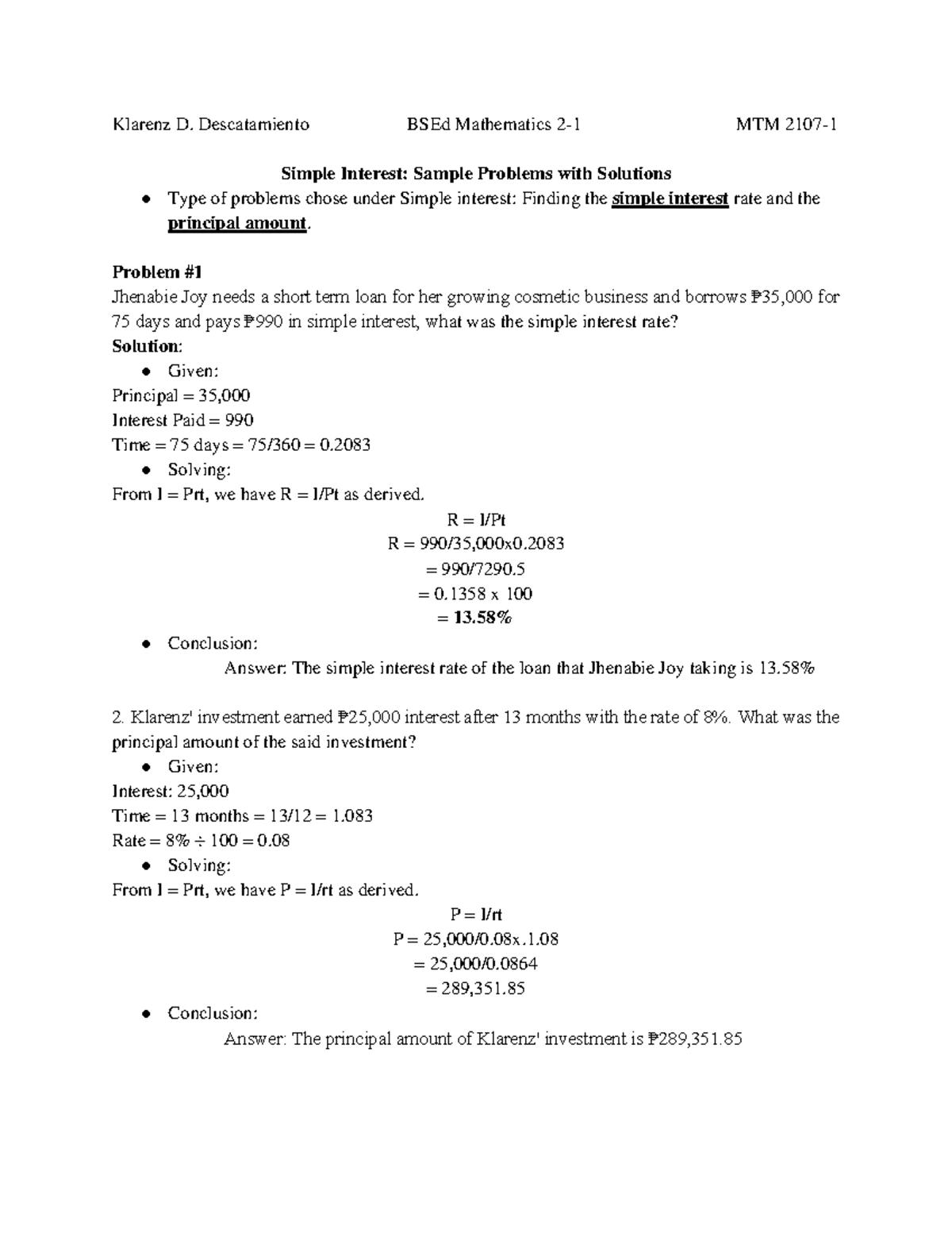 Simple Interest Sample Problems with Solutions - Klarenz D. Descatamiento BSEd Mathematics 2- 1 ...