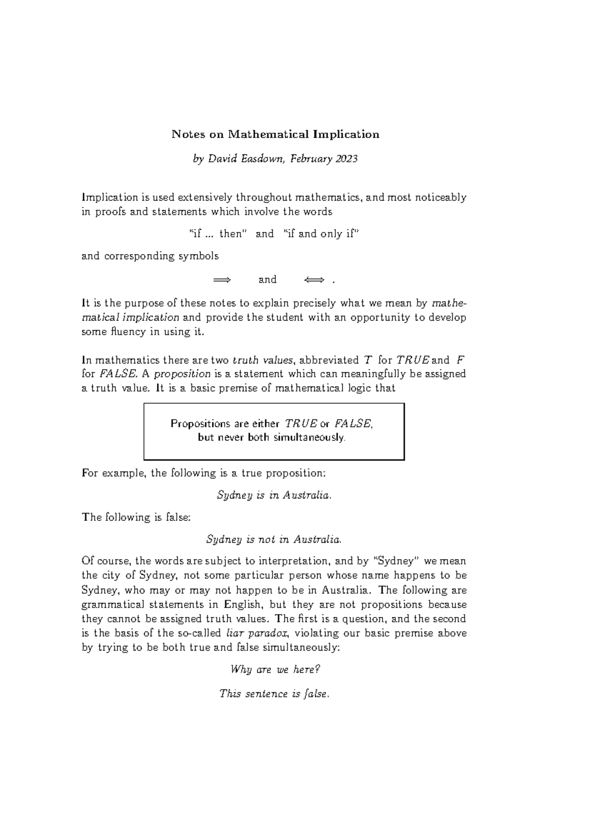 Implication Notes - Notes on Mathematical Implication by David Easdown ...