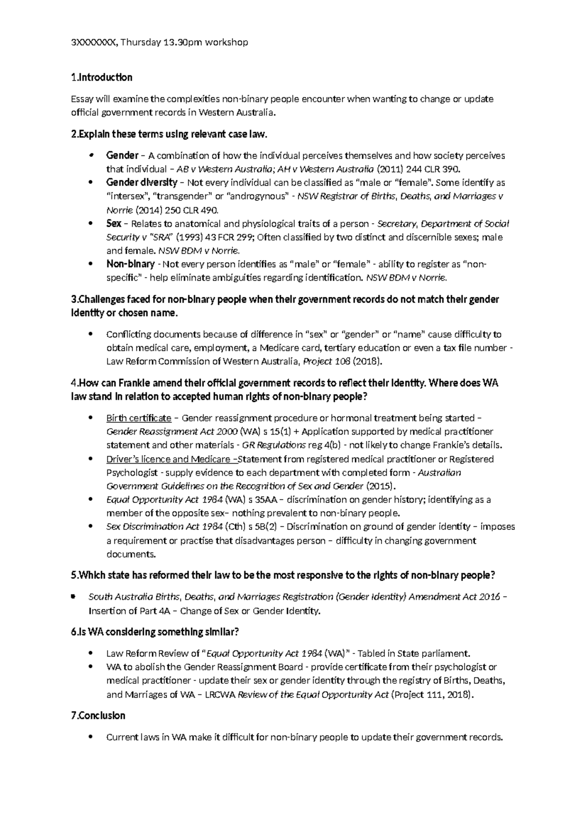 Answer Plan Final submission - 3XXXXXXX, Thursday 13 workshop 1 Essay ...