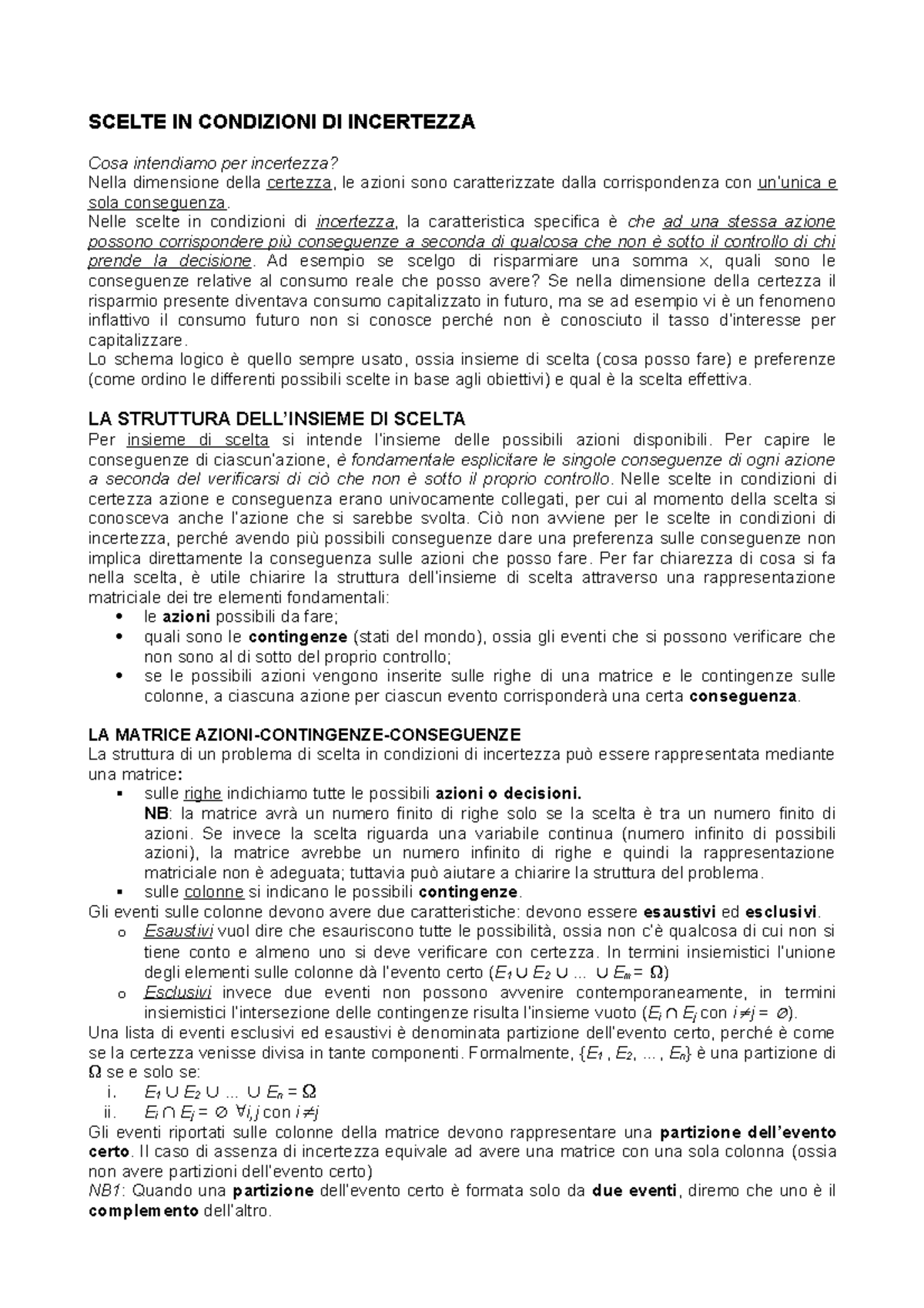 Scelte IN Condizioni DI Incertezza - SCELTE IN CONDIZIONI DI INCERTEZZA ...