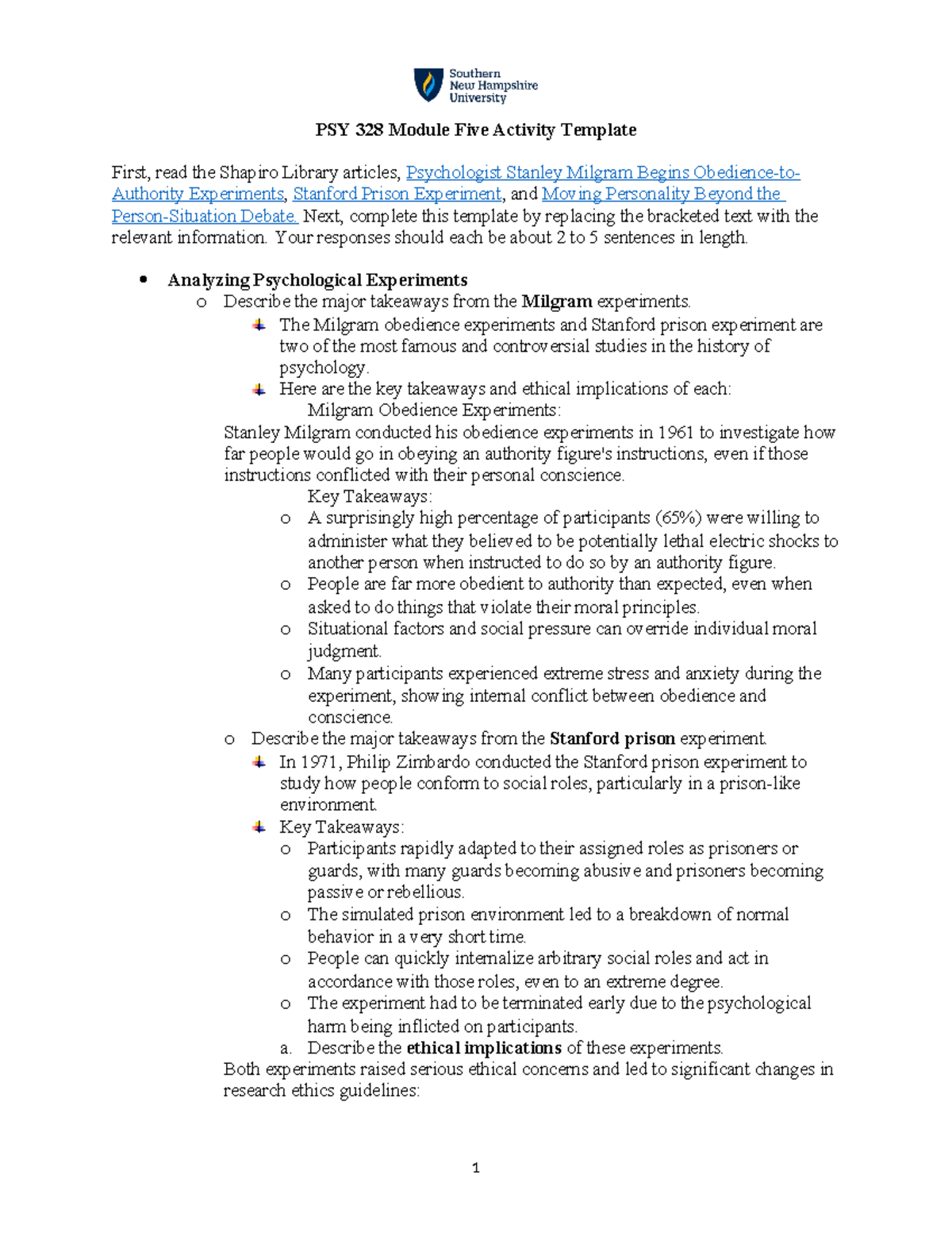 PSY 328 Module Five Activity - Next, complete this template by replacing the bracketed text with ...