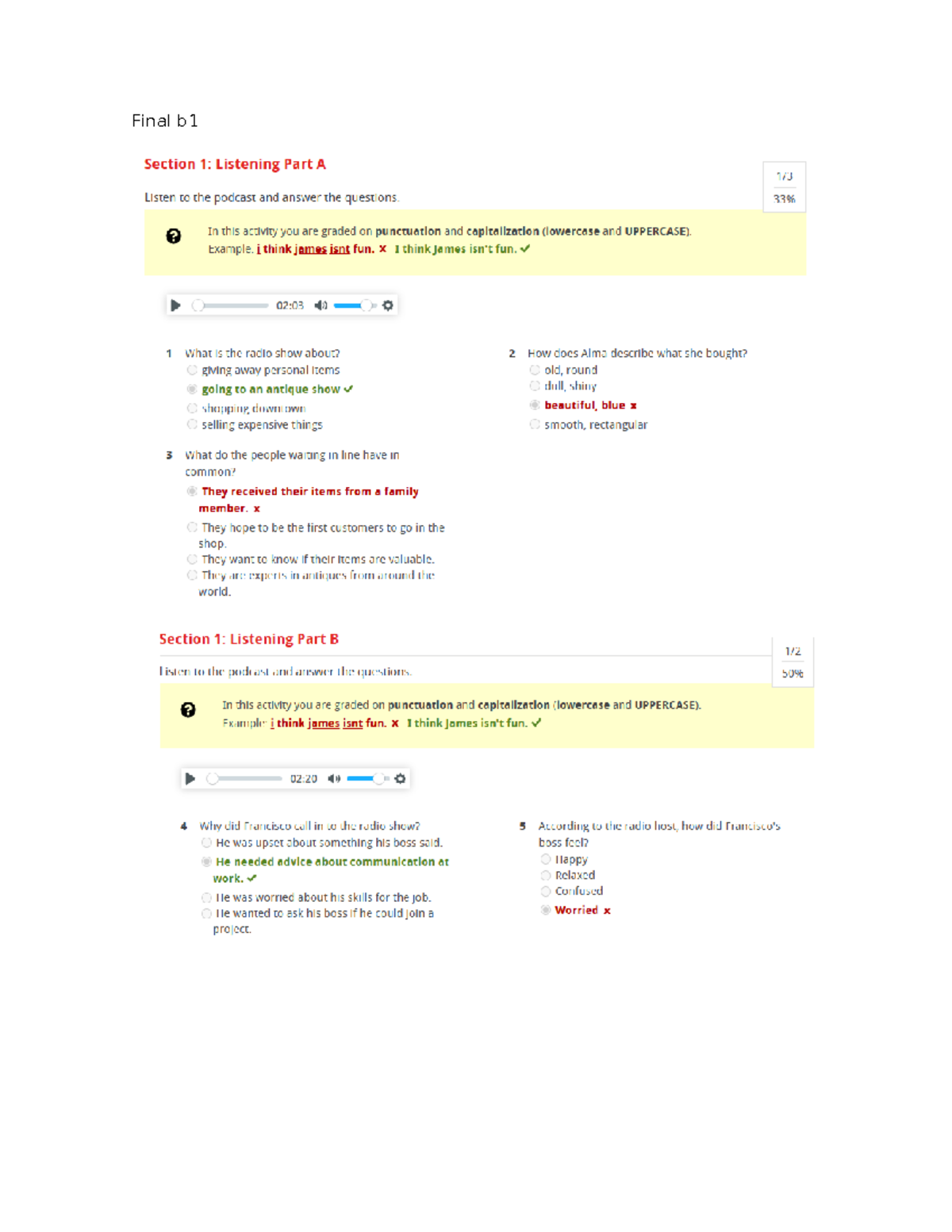 Final b1 - ? In this activity you are graded on punctuation and capitalization (lowercase and ...