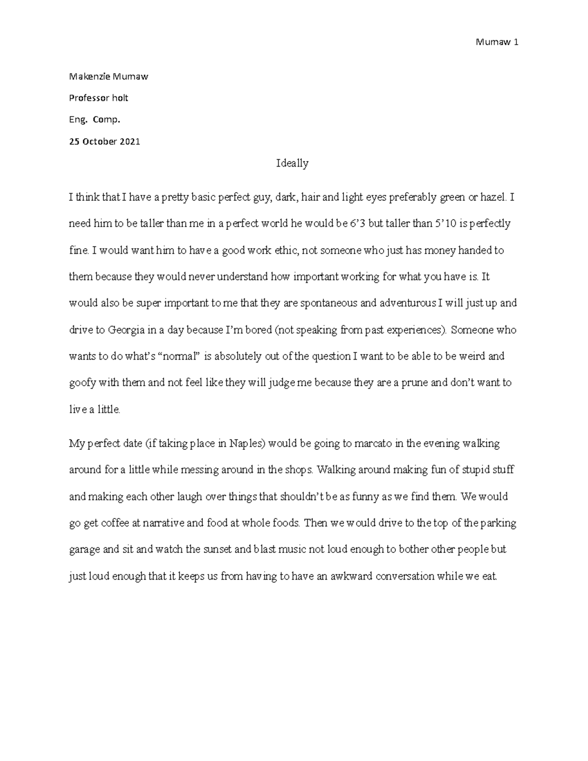 Ideally my perfect mate - Mumaw 1 Makenzie Mumaw Professor holt Eng ...