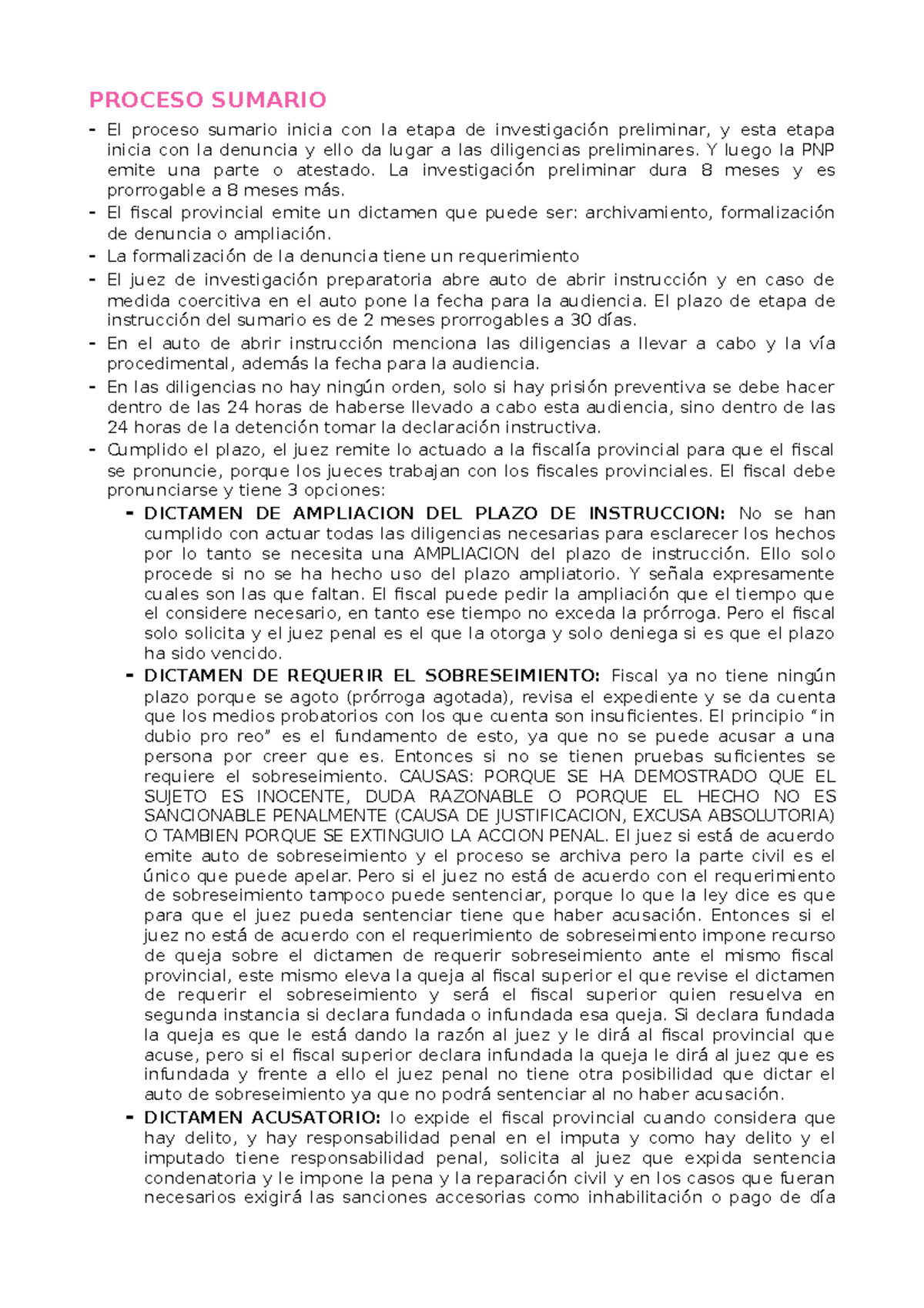 Proceso sumario - Apuntes 1 - PROCESO SUMARIO El proceso sumario inicia ...