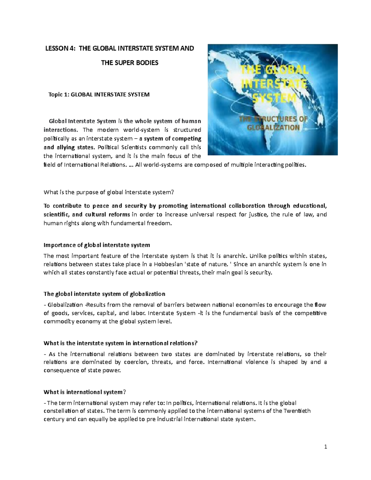 Lesson 4 The Global Interstate System LESSON 4 THE GLOBAL INTERSTATE