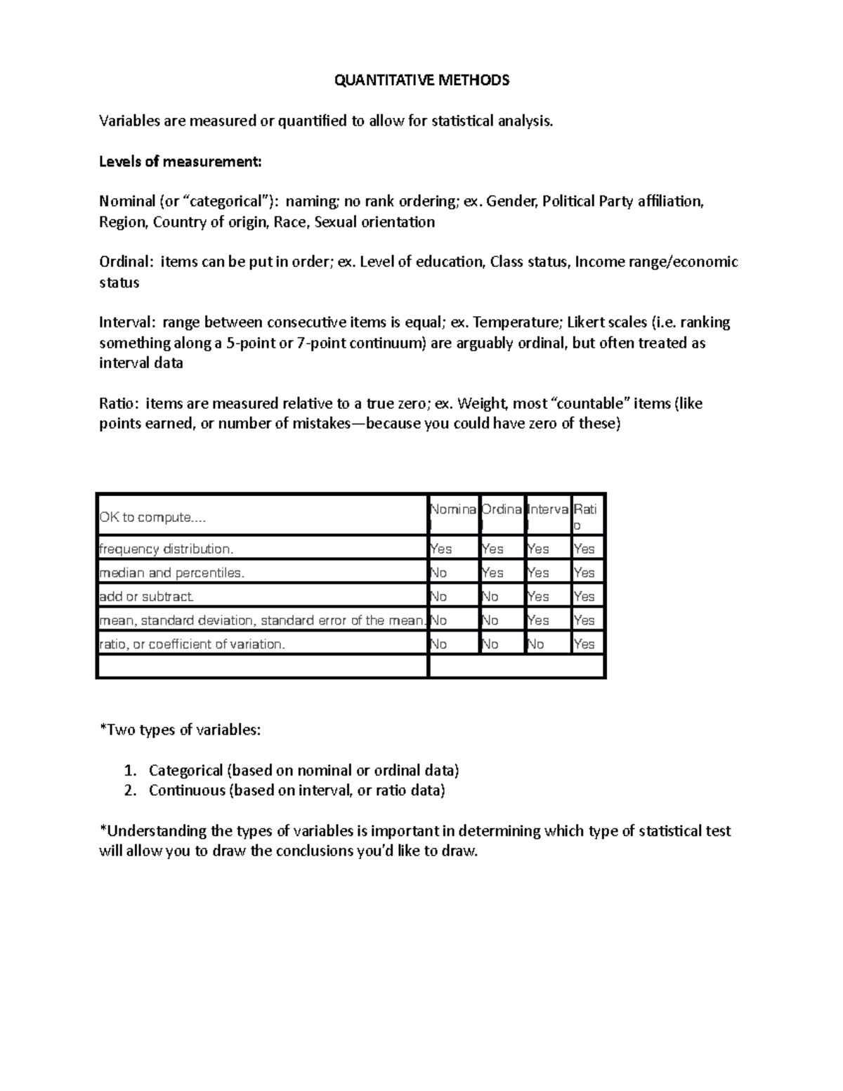 RM Quantitative Methods handout - QUANTITATIVE METHODS Variables are ...