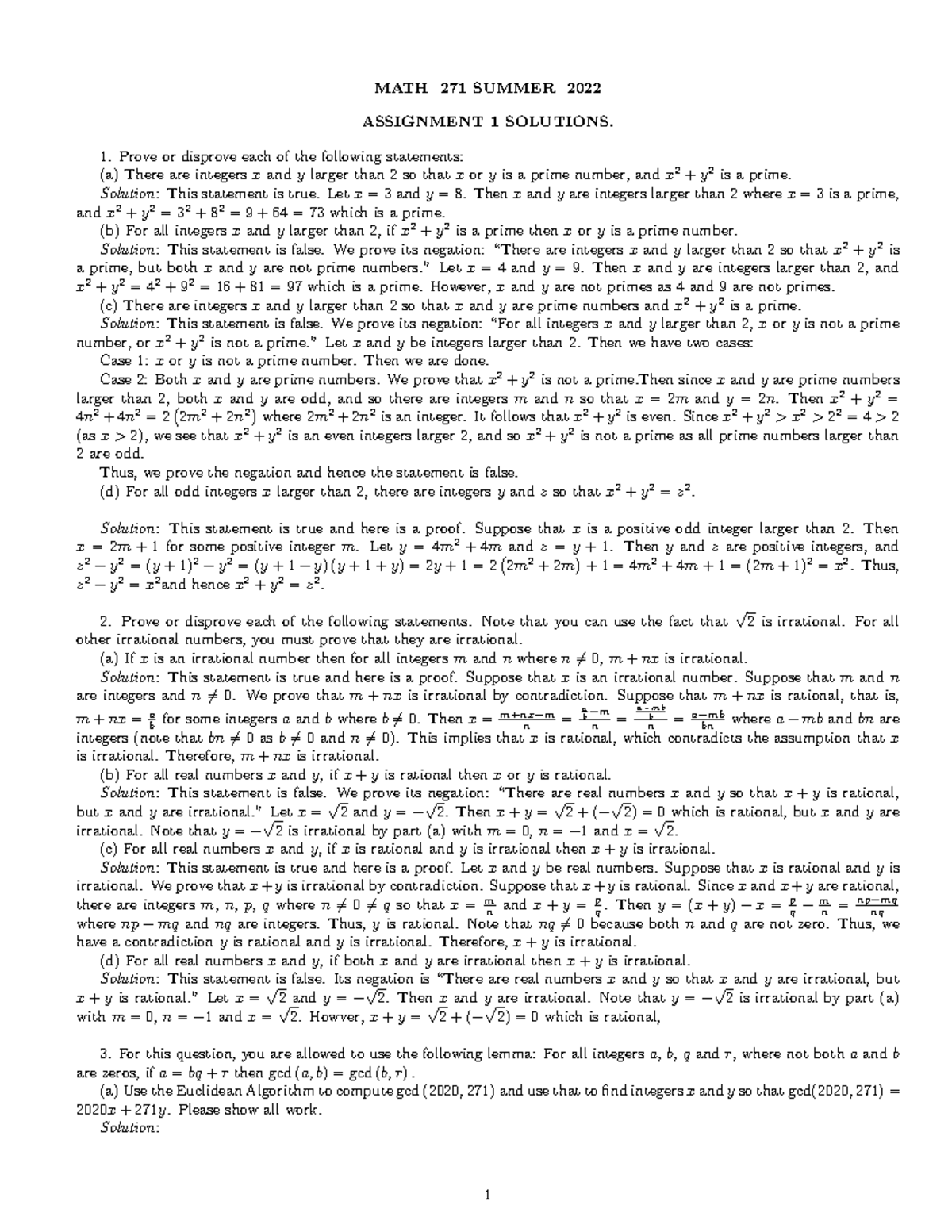 Assignment 1 Solutions - MATH 271 SUMMER 2022 ASSIGNMENT 1 SOLUTIONS. Prove or disprove each of ...