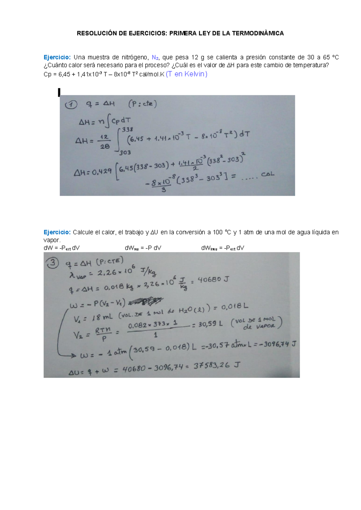 Ejercicios resueltos Primera ley - RESOLUCIÓN DE EJERCICIOS: PRIMERA LEY DE LA TERMODINÀMICA ...