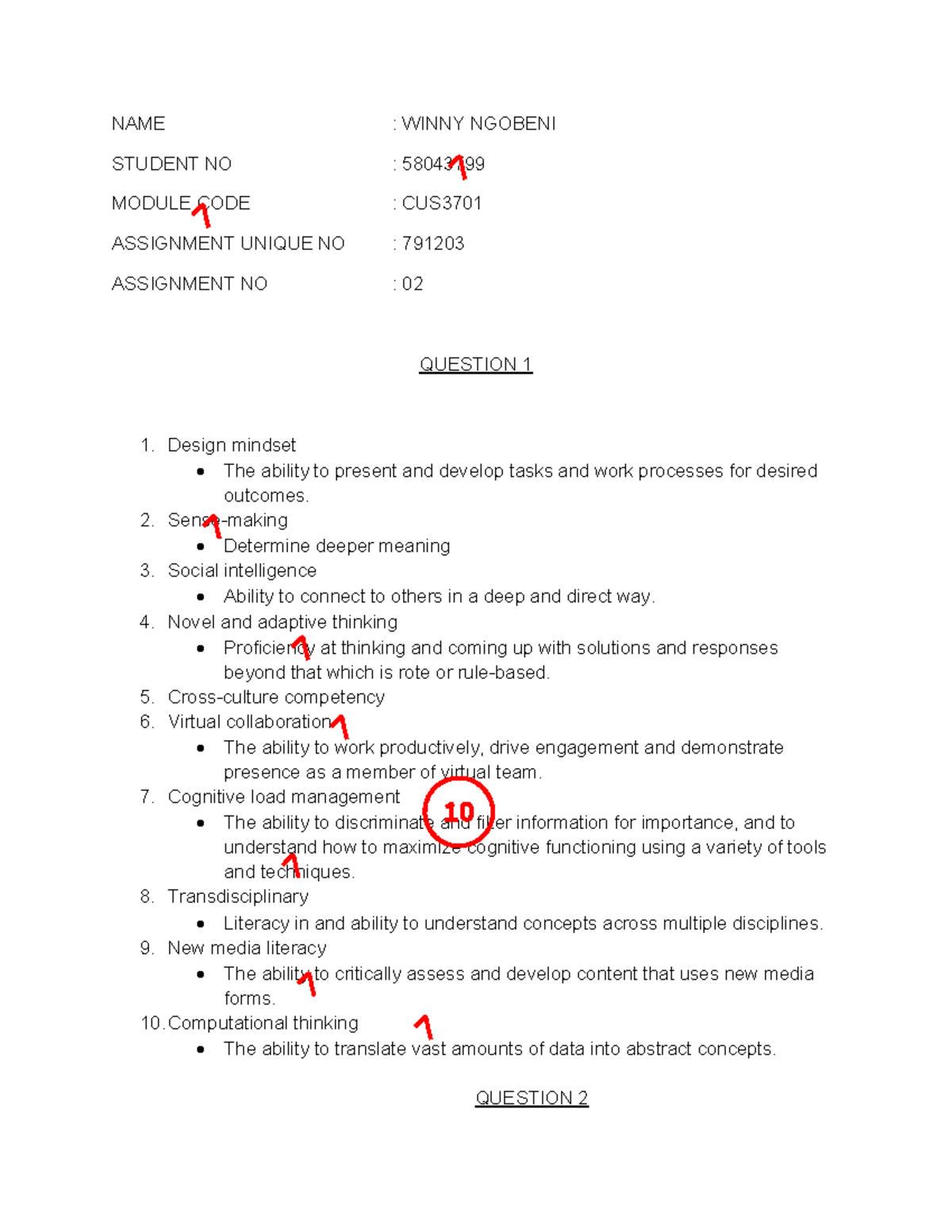 Marked Assignment - NAME : WINNY NGOBENI STUDENT NO : 58043799 MODULE CODE : CUS ASSIGNMENT ...