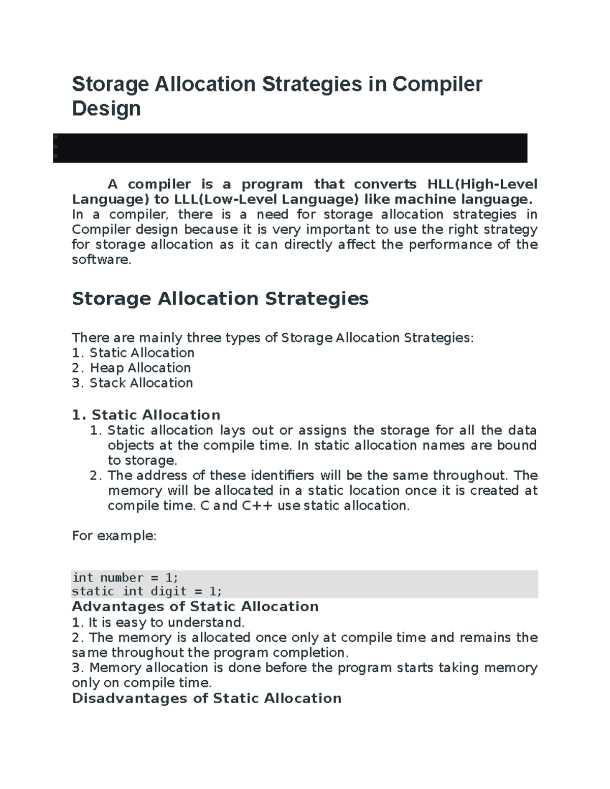 Storage Allocation Strategies in Compiler Design - Storage Allocation ... Storage Allocation Strategies in Compiler Design - Storage Allocation ...