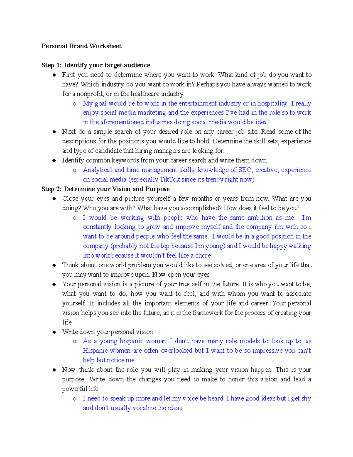 Personal Brand Worksheet - What kind of job do you want to have? Which ...