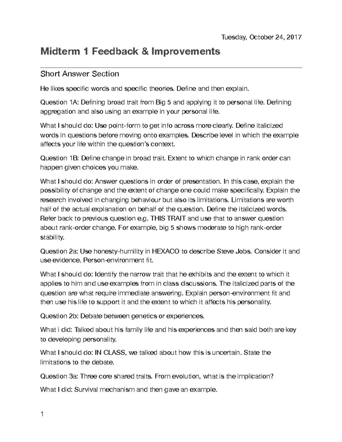 Midterm 1 Feedback & Improvements copy - Tuesday, October 24, 1 ...