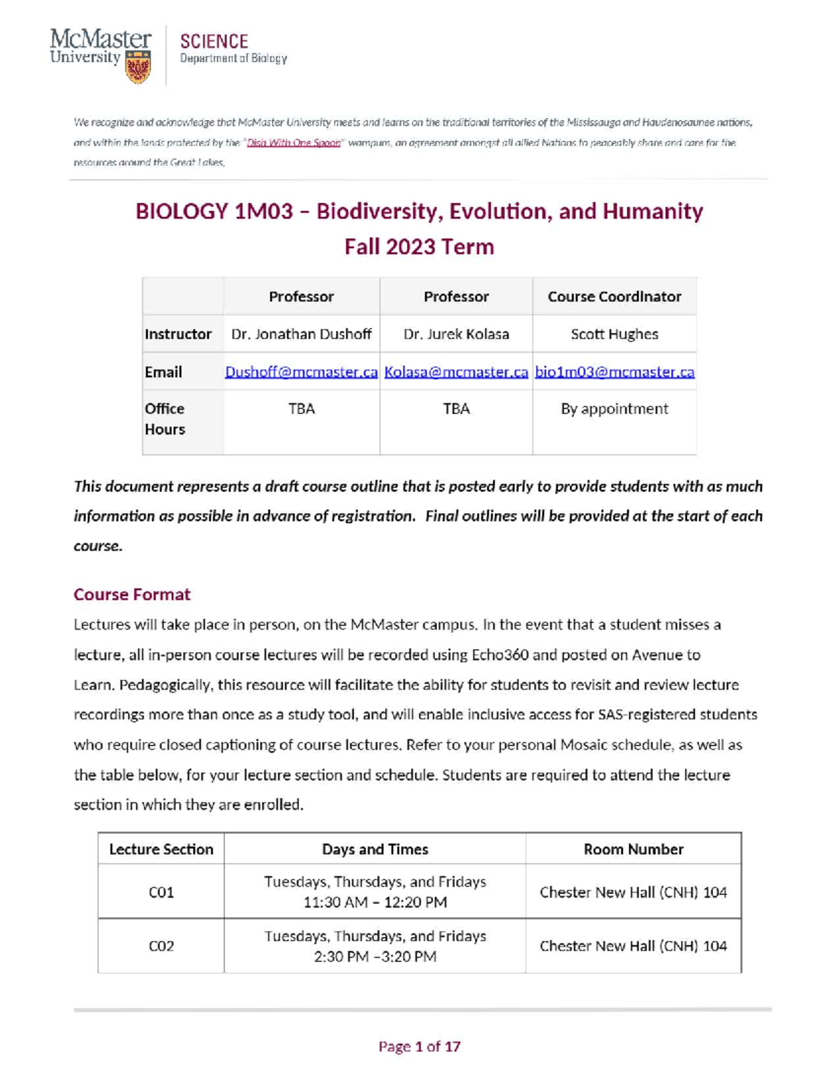 Bio1M03 Fall 2023 Course Outline - BIO1M03 - Studocu