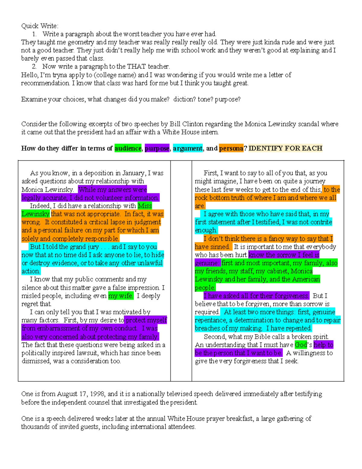 Clinton Speech Excerpts: Differing Rhetorical Squares - Quick Write: 1 ...