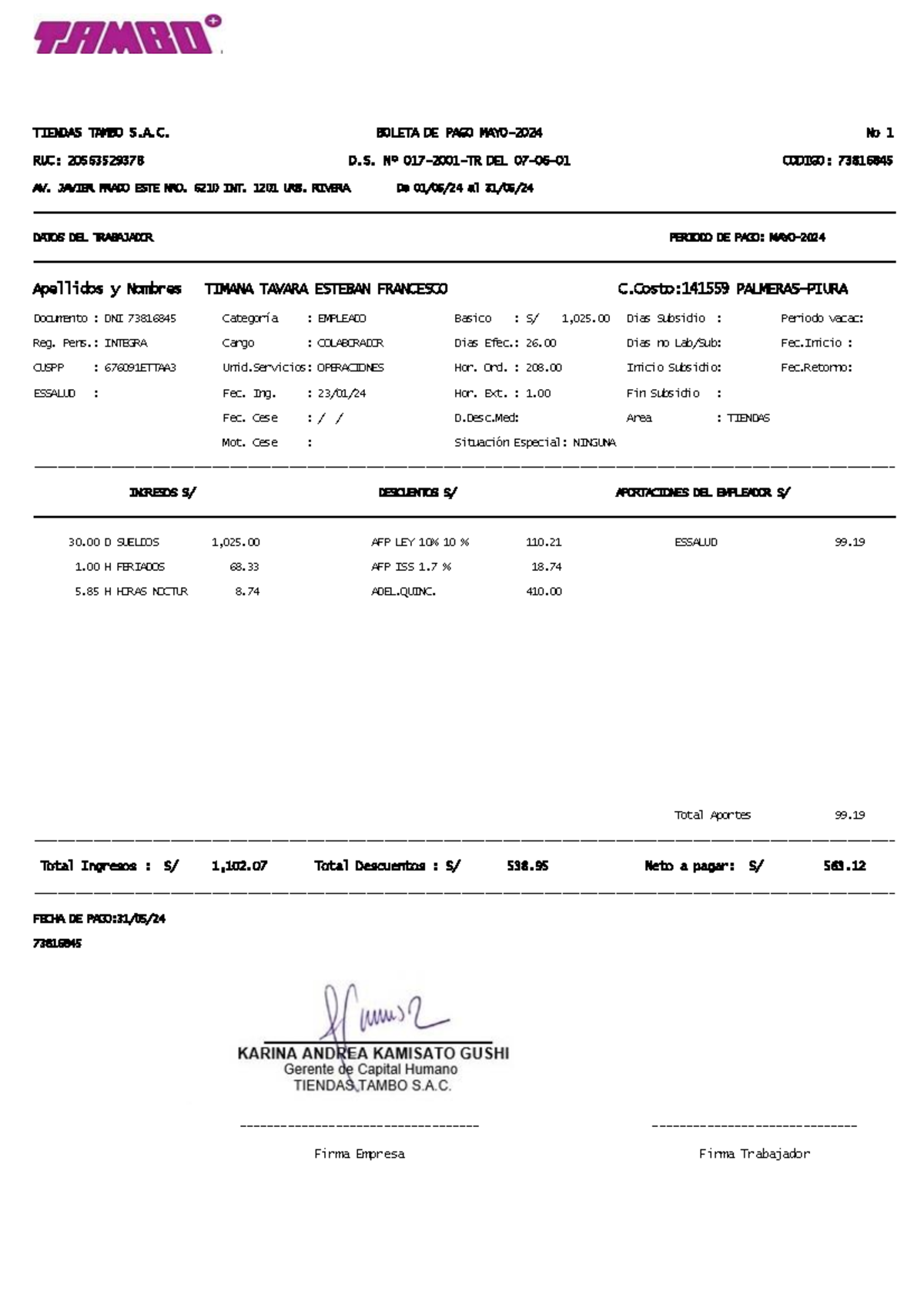 C69b9013 4b4f 4489 84e8 61c56778 f26b - TIENDAS TAMBO S.A. BOLETA DE PAGO MAYO- 2024 No 1 RUC ...