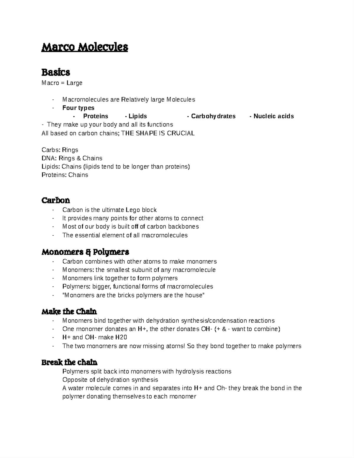 Biology Honors Macro Molecules - Marco Molecules Basics Macro = Large ...