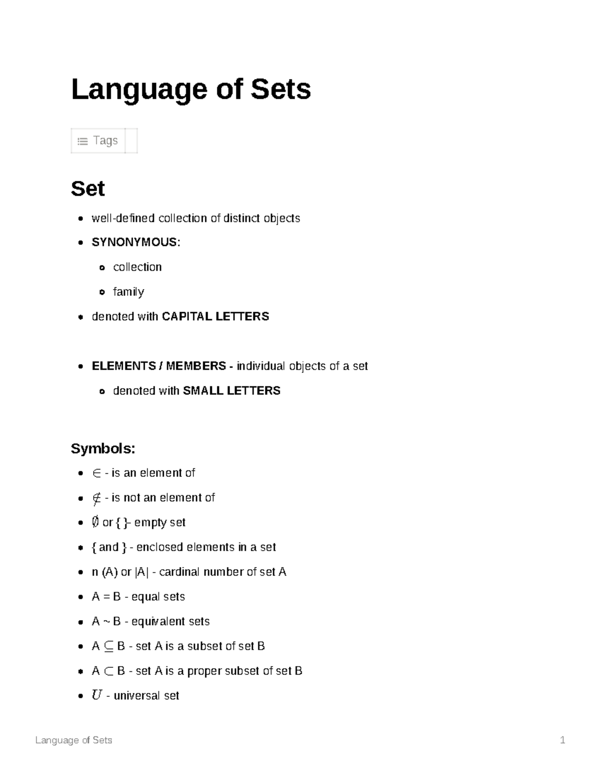 Language of Sets - Math - Language of Sets Tags Set well-defined ...