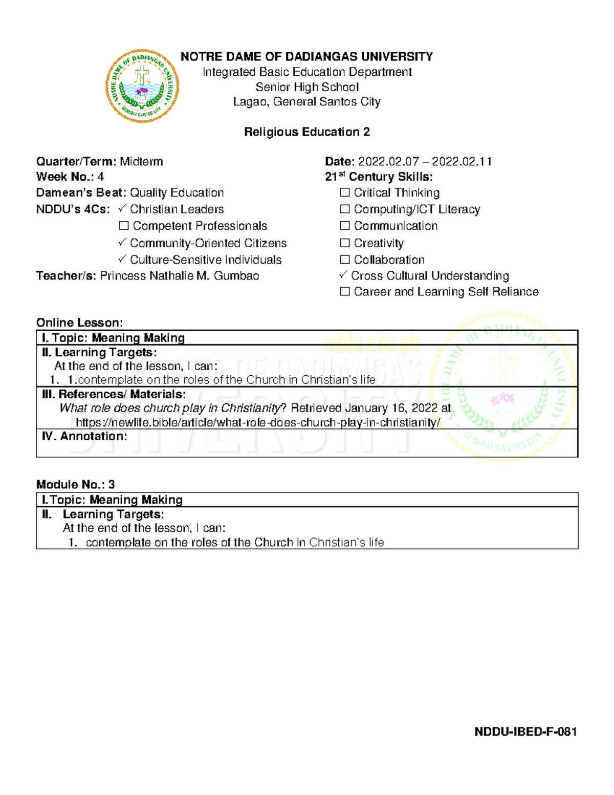 Module 3 Meaning Making converted - NDDU-IBED-F- NOTRE DAME OF ...