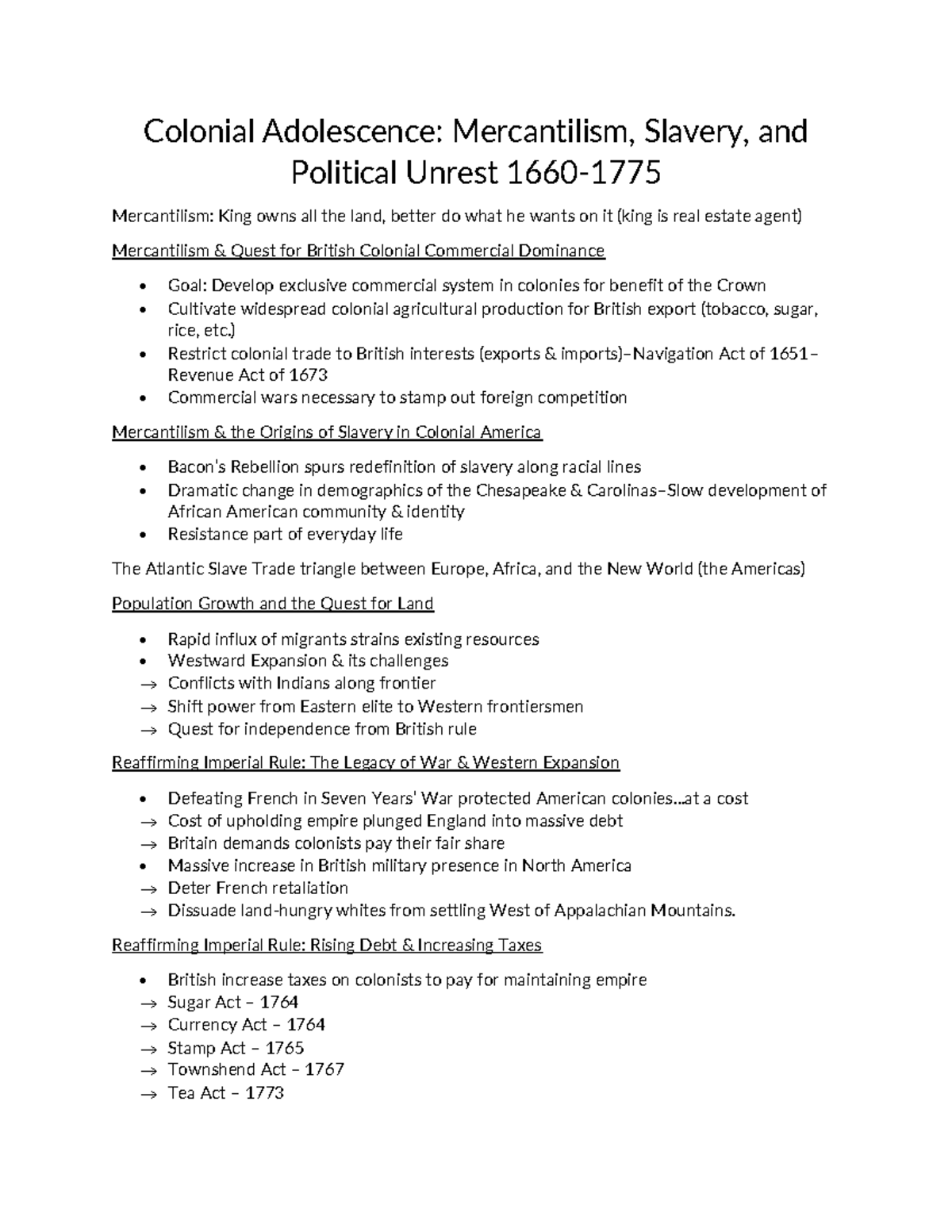 History Week 2 Lecture 2 - Colonial Adolescence: Mercantilism, Slavery ...