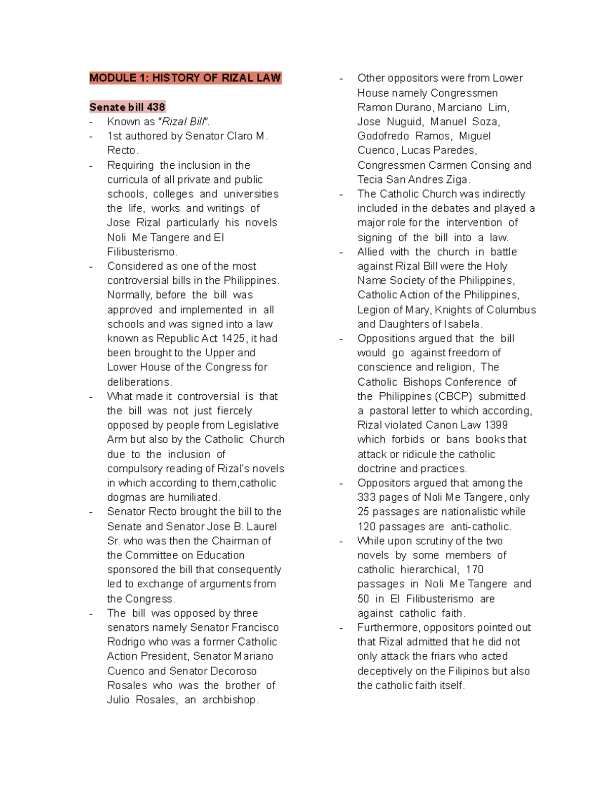 RLW Midterm reviewer - MODULE 1: HISTORY OF RIZAL LAW Senate bill 438 Known as “Rizal Bill”. 1st ...