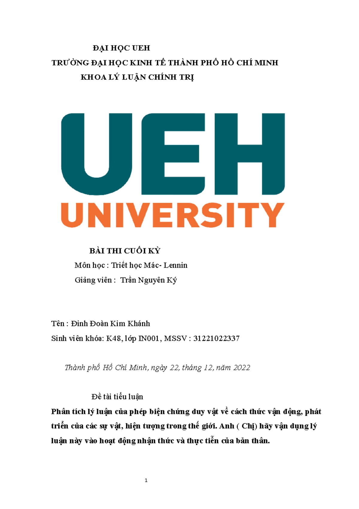 Tieuluantriet - hfgjg - ĐẠI HỌC UEH TRƯỜNG ĐẠI HỌC KINH TẾ THÀNH PHỐ HỒ ...